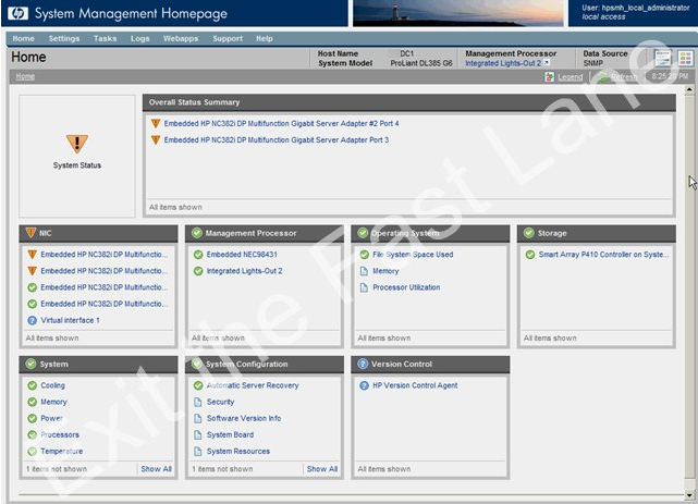 HP System Management Homepage shows no items - | Exit | the | Fast | Lane